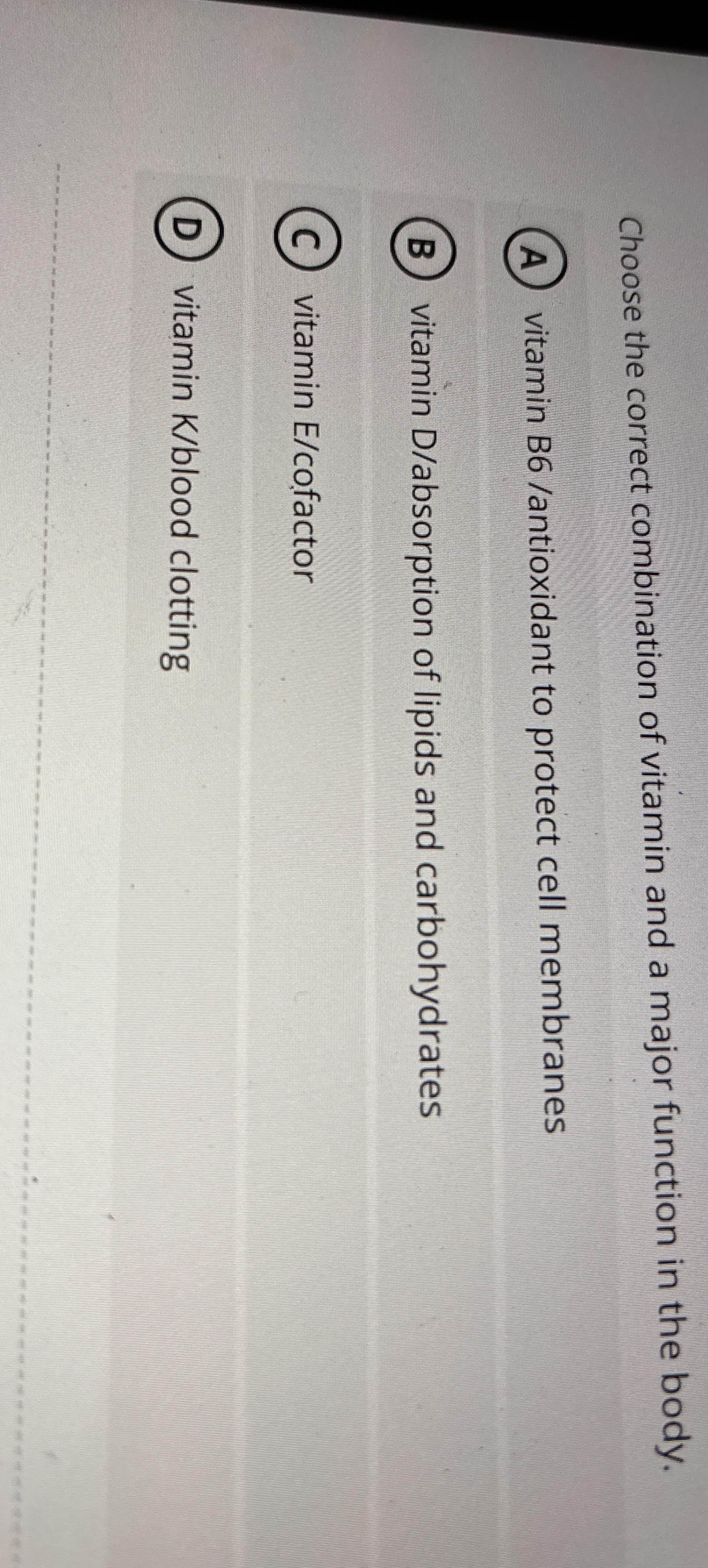 Solved Choose the correct combination of vitamin and a major | Chegg.com