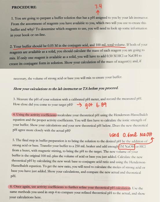 Solved For a lab buffer lab for an assigned pH of 7.4 using | Chegg.com