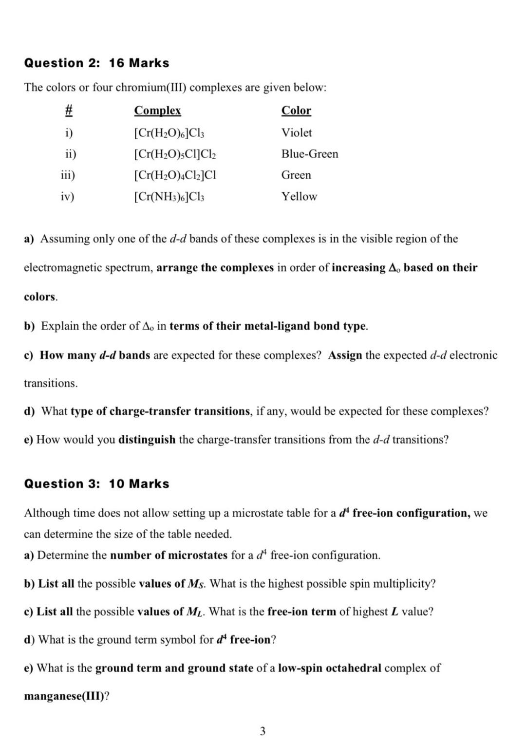 Solved Question 2: 16 Marks The colors or four chromium(III) | Chegg.com