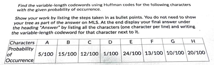 Solved Find The Variable Length Codewords Using Huffman
