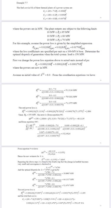 Solved Problem One Repeat Example 7.7 on optimal dispatch of | Chegg.com