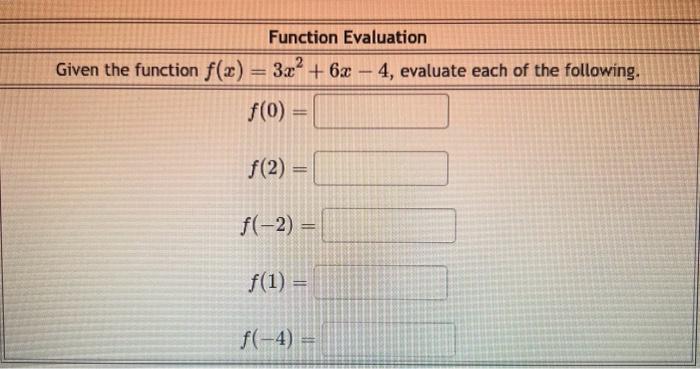 Solved Function Evaluation Given the function f(x)=3x2+6x−4, | Chegg.com
