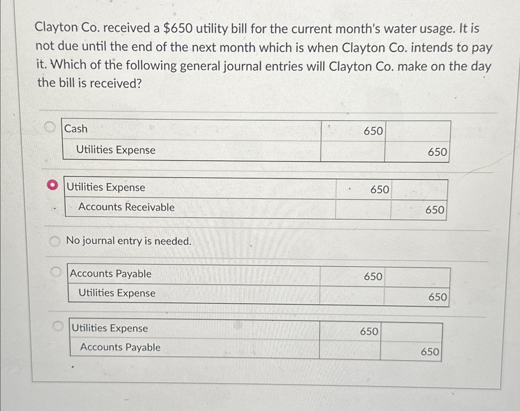 Solved Clayton Co. ﻿received a $650 ﻿utility bill for the | Chegg.com