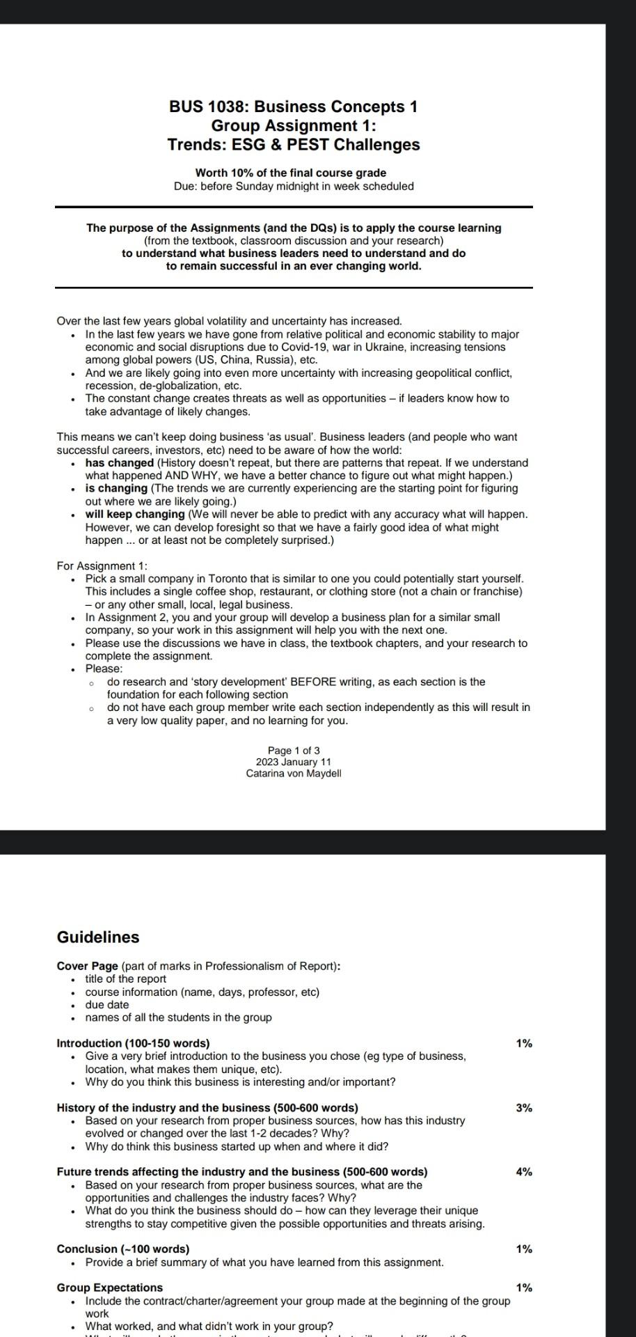 Solved BUS 1038: Business Concepts 1 Group Assignment 1: | Chegg.com