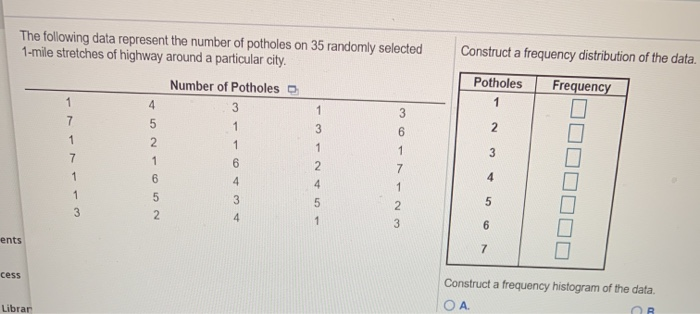 Solved The following data represent the number of potholes | Chegg.com