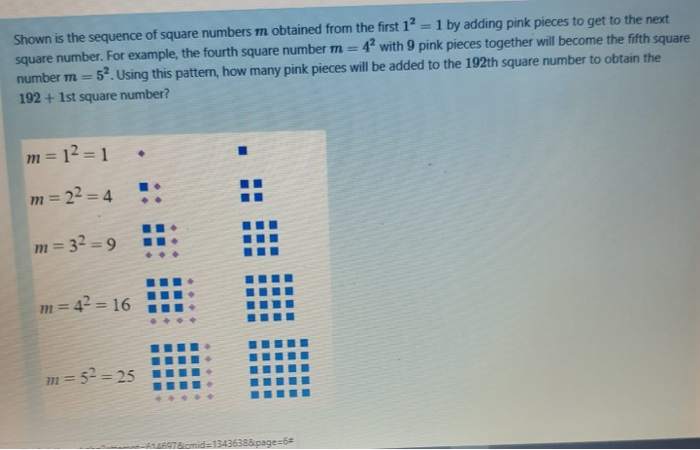 Solved Shown is the sequence of square numbers m obtained | Chegg.com