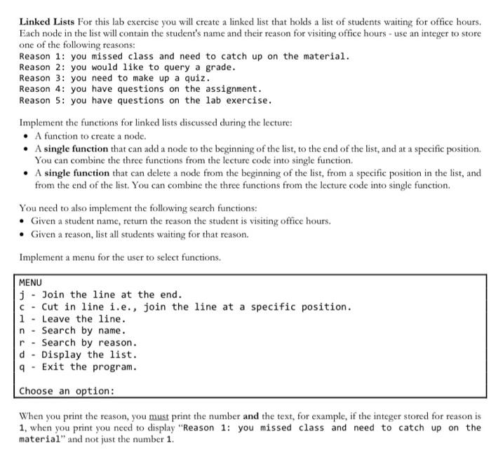 Solved Linked Lists For this lab exercise you will create a | Chegg.com
