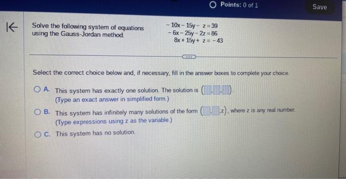 Solved −10x−15y−z=39 Solve the following system of equations | Chegg.com