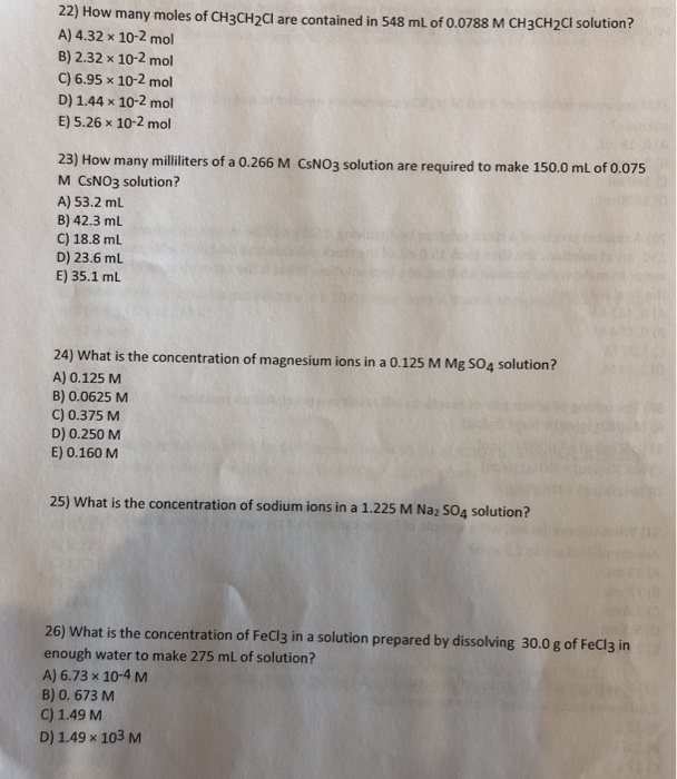 Solved 22) How many moles of CH3CH2Cl are contained in 548 | Chegg.com
