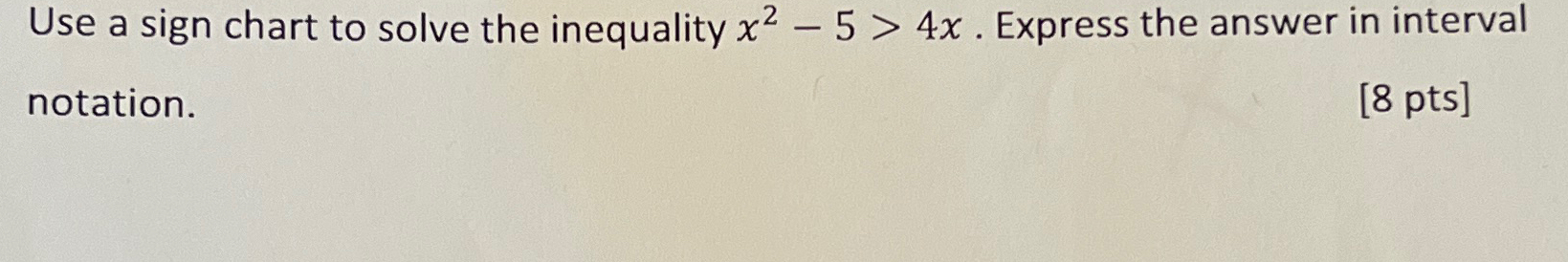 Solved Use a sign chart to solve the inequality x2-5>4x. | Chegg.com