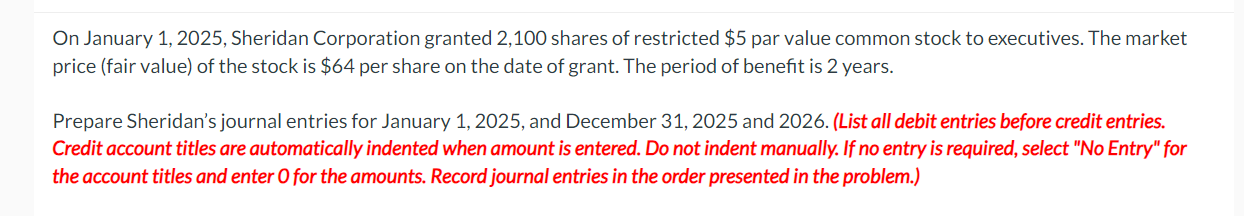 Solved On January 1, 2025, ﻿Sheridan Corporation granted | Chegg.com