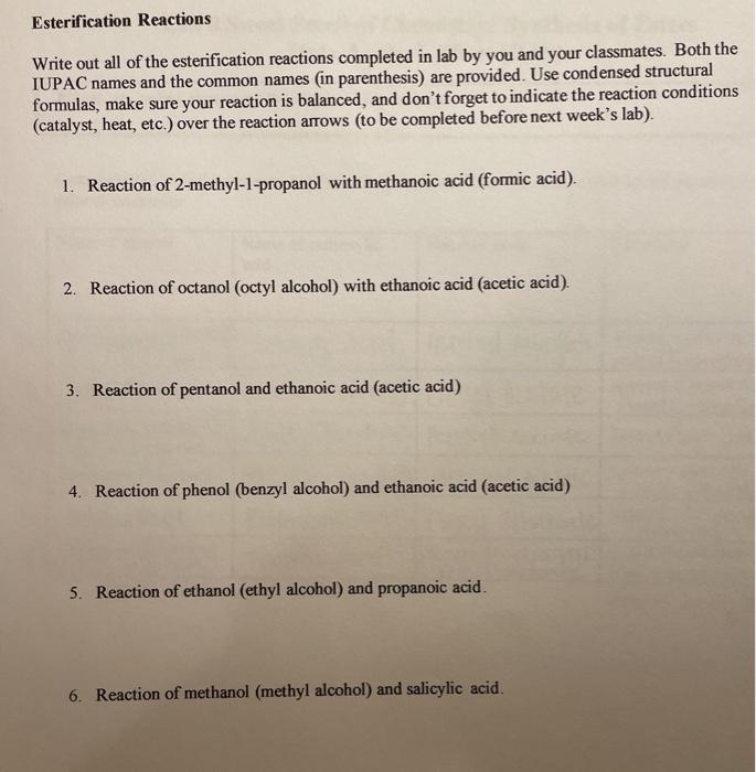 Solved Esterification Reactions Write out all of the | Chegg.com
