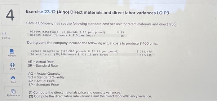 Solved Exercise 23-12 (Algo) Direct materials and direct | Chegg.com