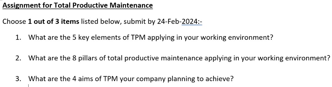 Solved Assignment for Total Productive MaintenanceChoose 1 | Chegg.com