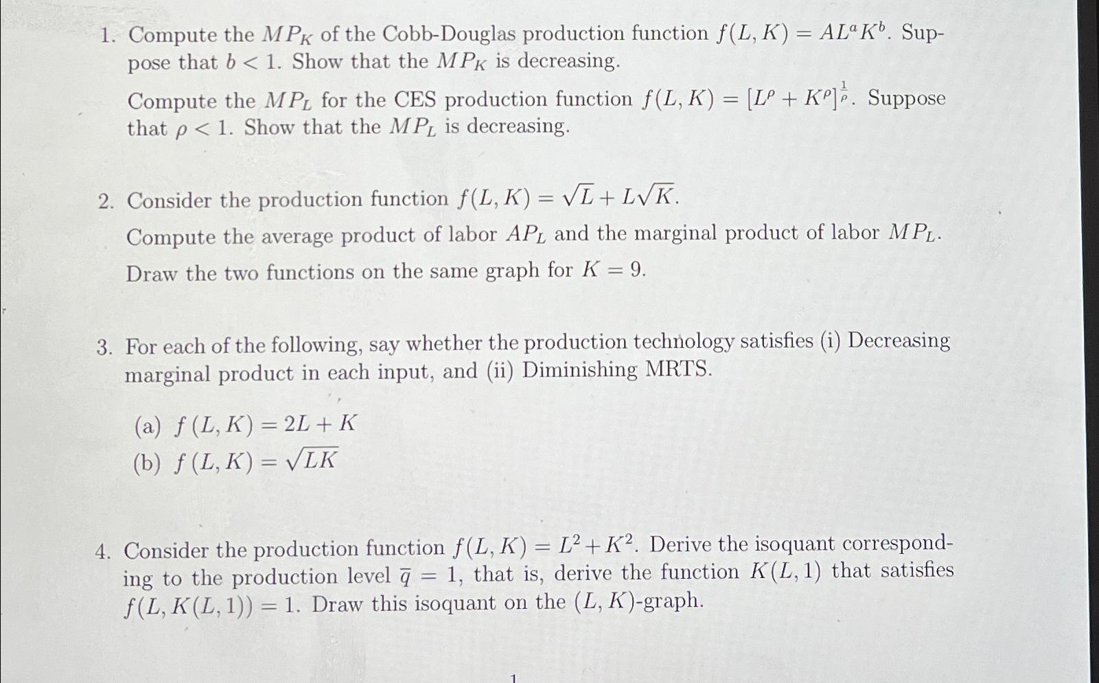 Solved Compute the MPK ﻿of the Cobb-Douglas production | Chegg.com