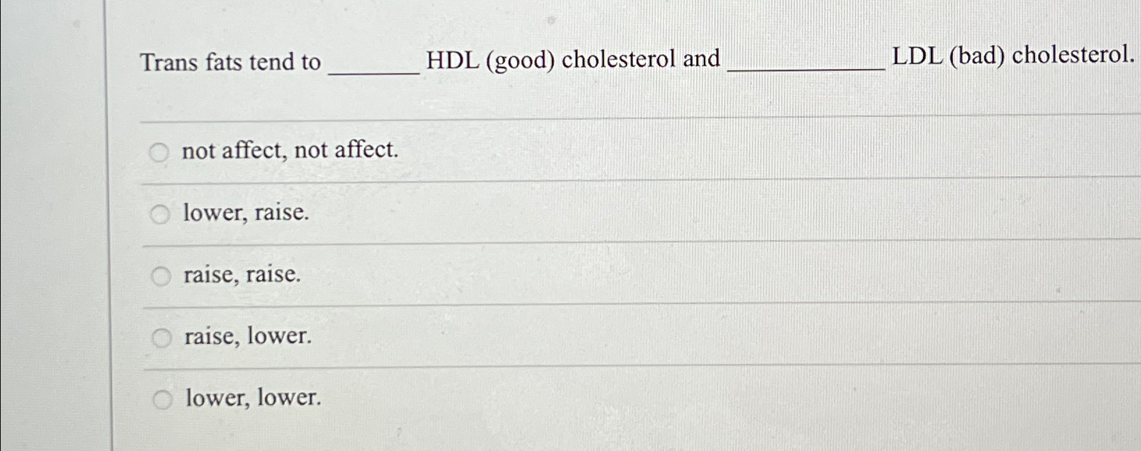 Solved Trans fats tend to HDL (good) ﻿cholesterol and LDL | Chegg.com