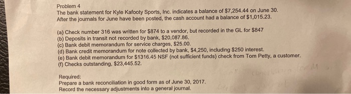 Solved Problem 4 The bank statement for Kyle Kafooty Sports, | Chegg.com