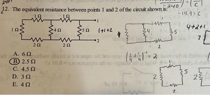Solved 12. The equivalent resistance between points 1 and 2 | Chegg.com