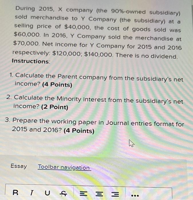 Solved During 2015, X company (the 90%-owned subsidiary) | Chegg.com