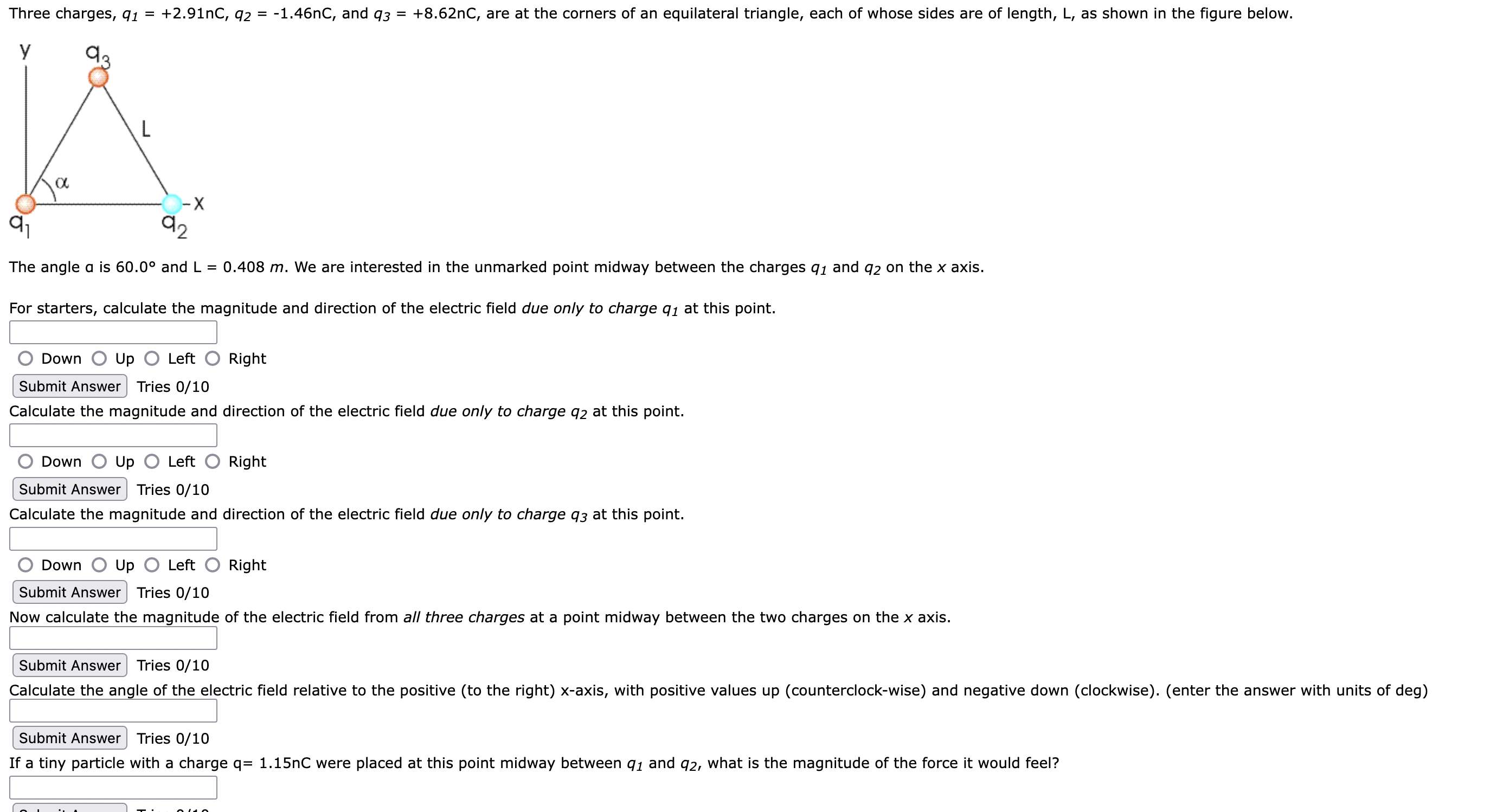Solved Three charges, q1 = +2.91nC, ﻿q2 = -1.46nC, ﻿and | Chegg.com