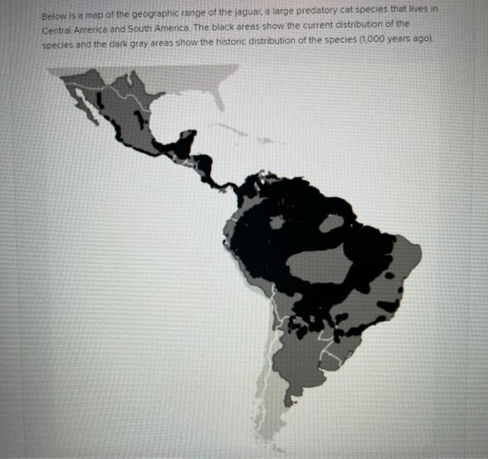 Below is a map of the geographic range of the jaguar, | Chegg.com