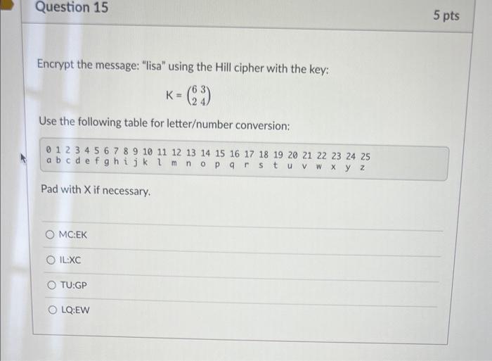 Solved Encrypt the message: "lisa" using the Hill cipher | Chegg.com
