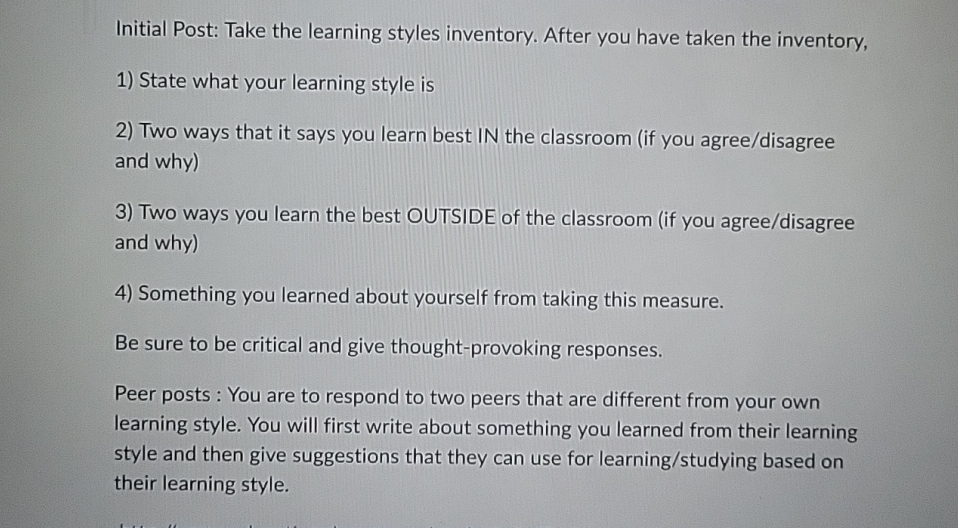 Solved Initial Post: Take the learning styles inventory. | Chegg.com