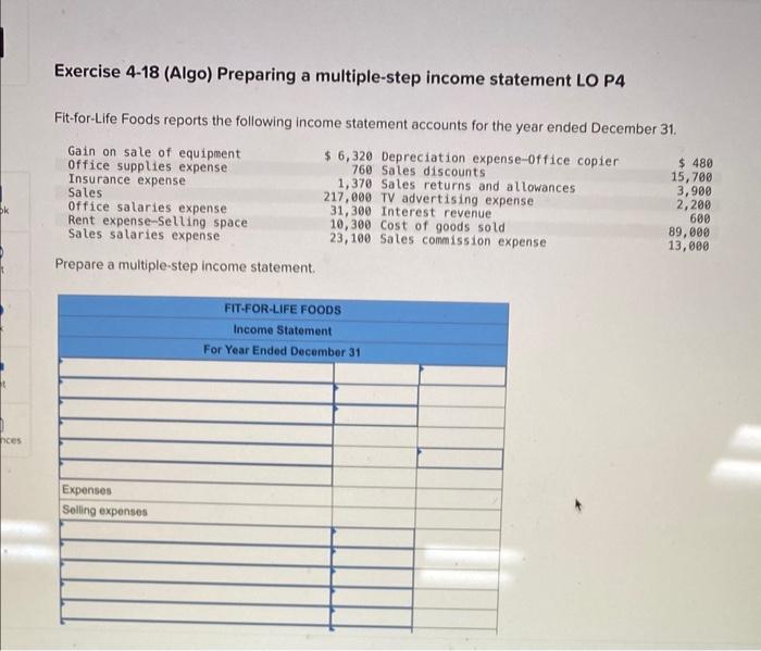 Solved Exercise 4-18 (Algo) Preparing a multiple-step income | Chegg.com