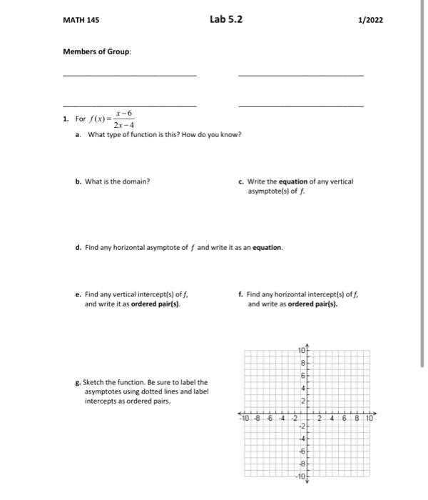 Solved MATH 145 Lab 5.2 1/2022 Members of Group: X-6 1. For | Chegg.com