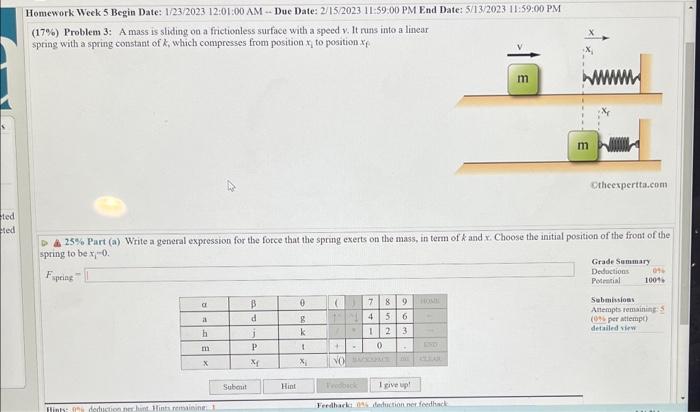 Solved (17\%) Problem 3: A mass is sliding on a frictionless | Chegg.com