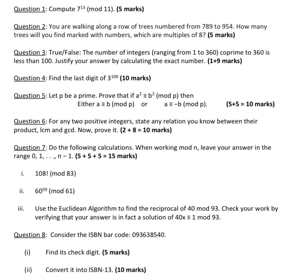 Solved Question 1: Compute 713 (mod 11). ﻿Question 2: You | Chegg.com