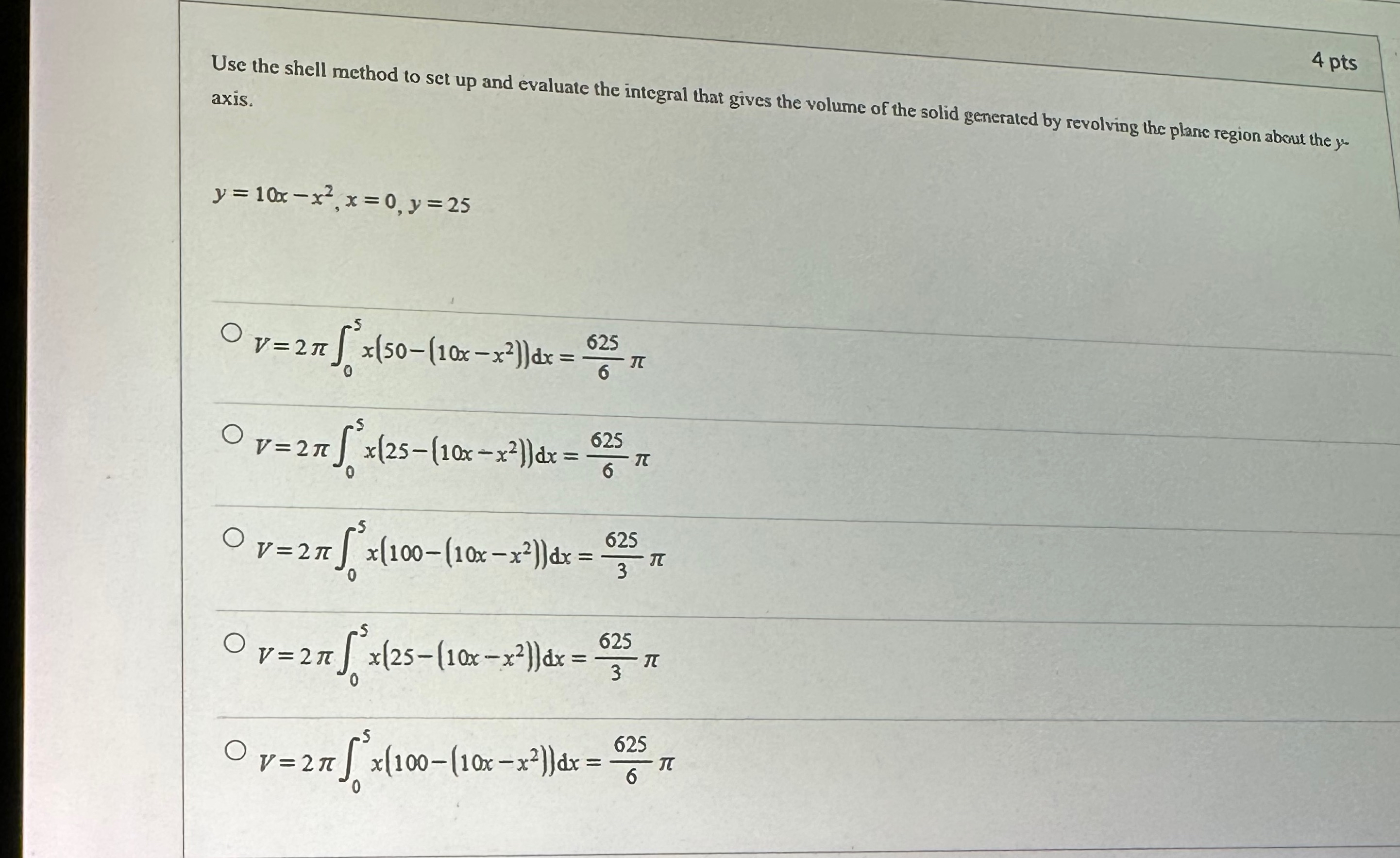 Solved 4 ﻿ptsUse the shell method to set up and evaluate the | Chegg.com