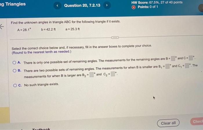 Solved Find the unknown angles in triangle ABC for the | Chegg.com