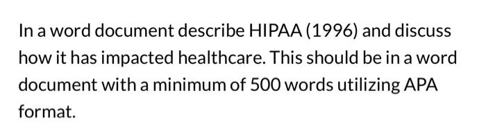 Solved In a word document describe HIPAA (1996) and discuss | Chegg.com
