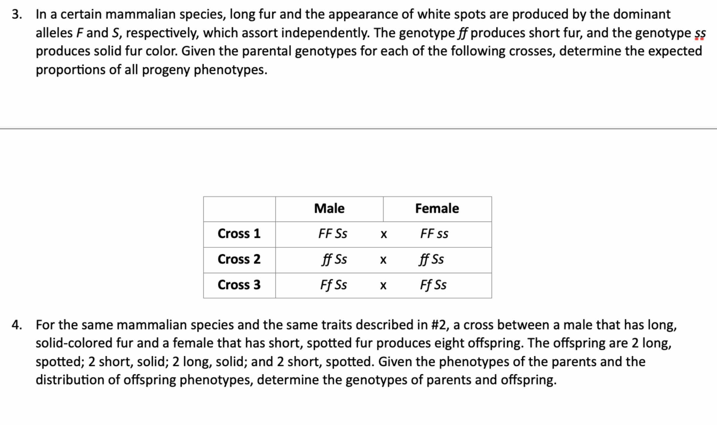 Solved In a certain mammalian species, long fur and the | Chegg.com