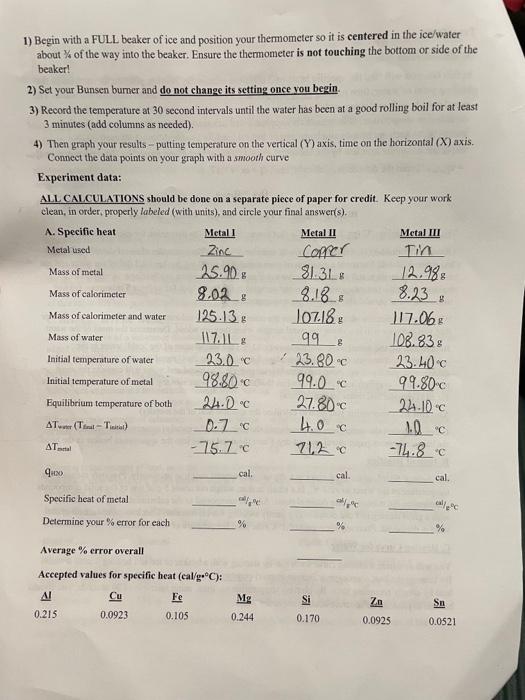 1) Begin with a FULL beaker of ice and position your | Chegg.com