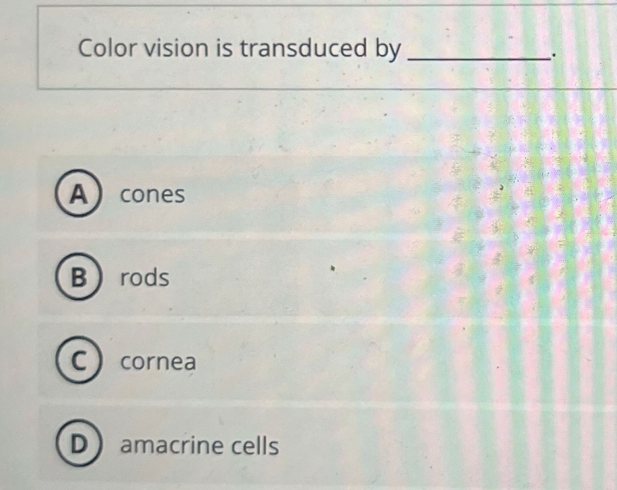 Solved Color vision is transduced byconesrodscorneaamacrine | Chegg.com