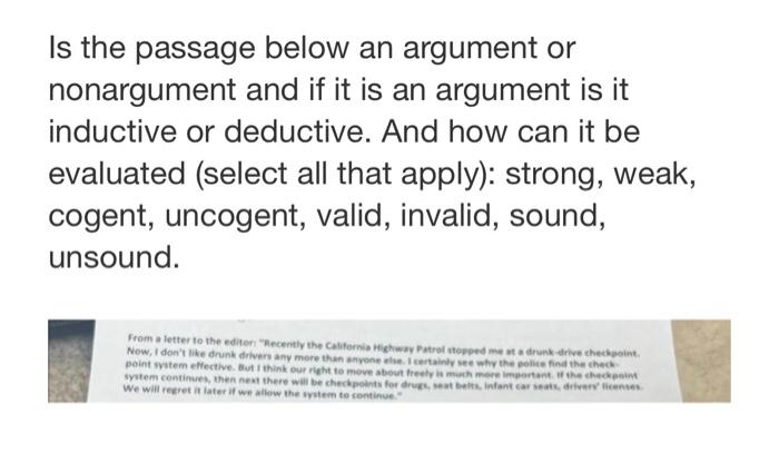 Solved Is the passage below an argument or nonargument and | Chegg.com