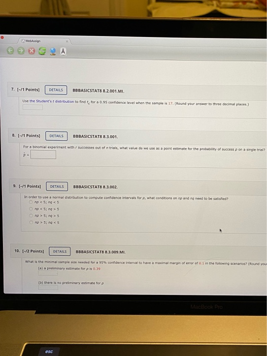 Solved 7. (-/1 Points) DETAILS BBBASICSTAT8 8.2.001.MI. Use | Chegg.com