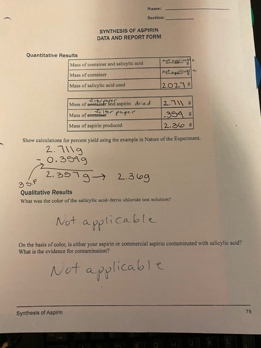 Solved Name: Section: SYNTHESIS OF ASPIRIN DATA AND REPORT | Chegg.com