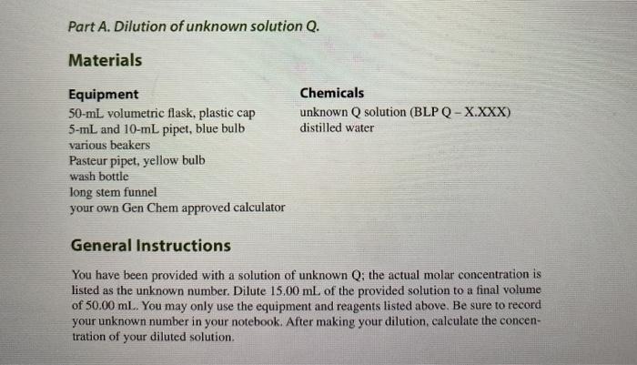 Solved Part A. Dilution of unknown solution Q. Materials | Chegg.com