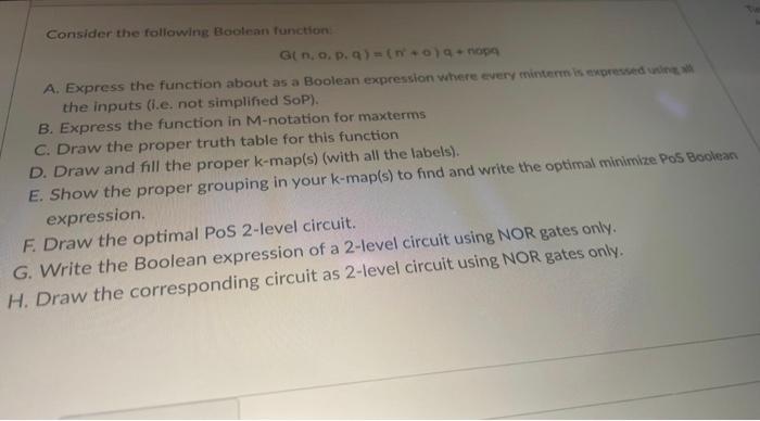 Solved Consider the following Boolean function: G( n, o, p, | Chegg.com