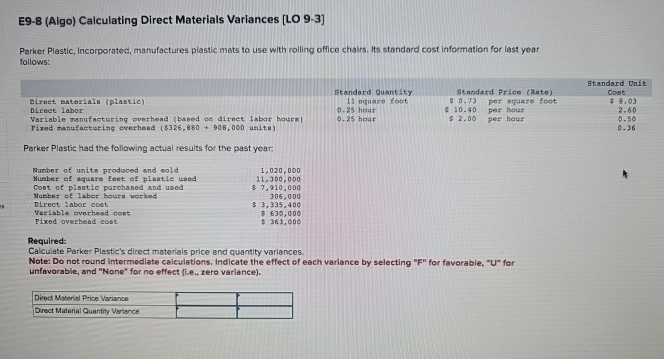 Solved E9-8 (Algo) ﻿Calculating Direct Materials Variances | Chegg.com