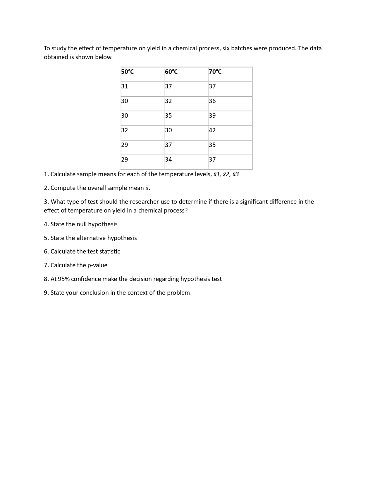 Solved To study the effect of temperature on yield in a | Chegg.com