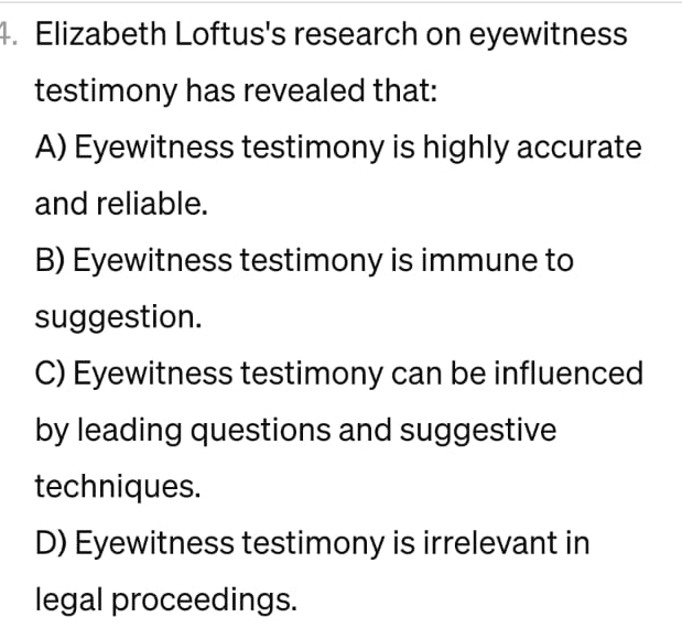 Solved Elizabeth Loftus's research on eyewitness testimony | Chegg.com