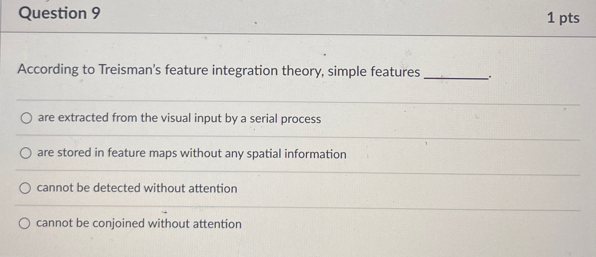 Solved Question 91 ﻿ptsAccording to Treisman's feature | Chegg.com