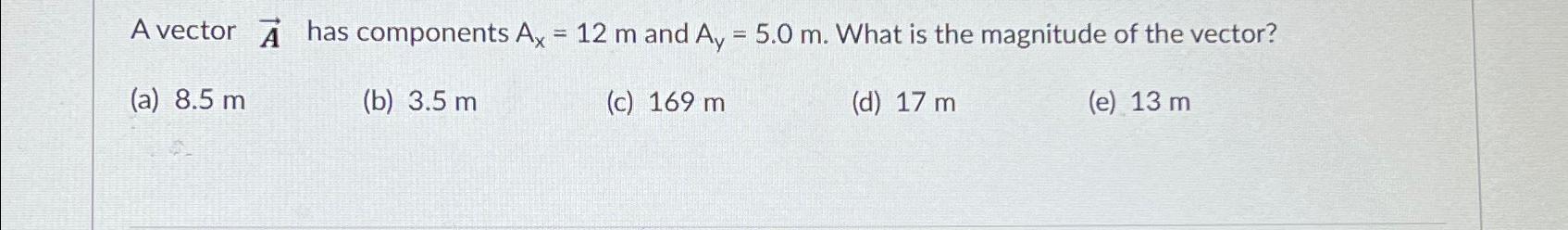 Solved A vector vec(A) ﻿has components Ax=12m ﻿and Ay=5.0m. | Chegg.com