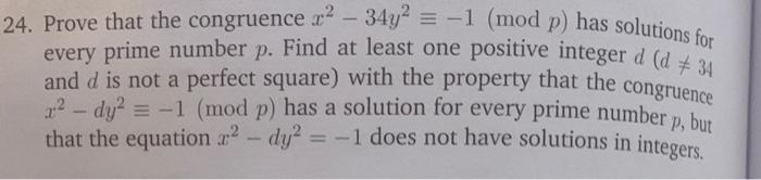 Solved 4. Prove that the congruence x2−34y2≡−1(modp) has | Chegg.com