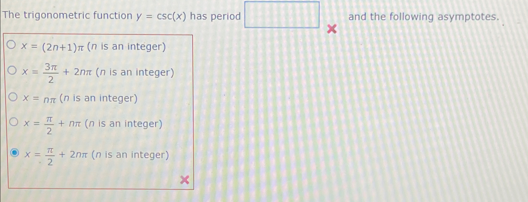 Solved The trigonometric function y=csc(x) ﻿has period and | Chegg.com