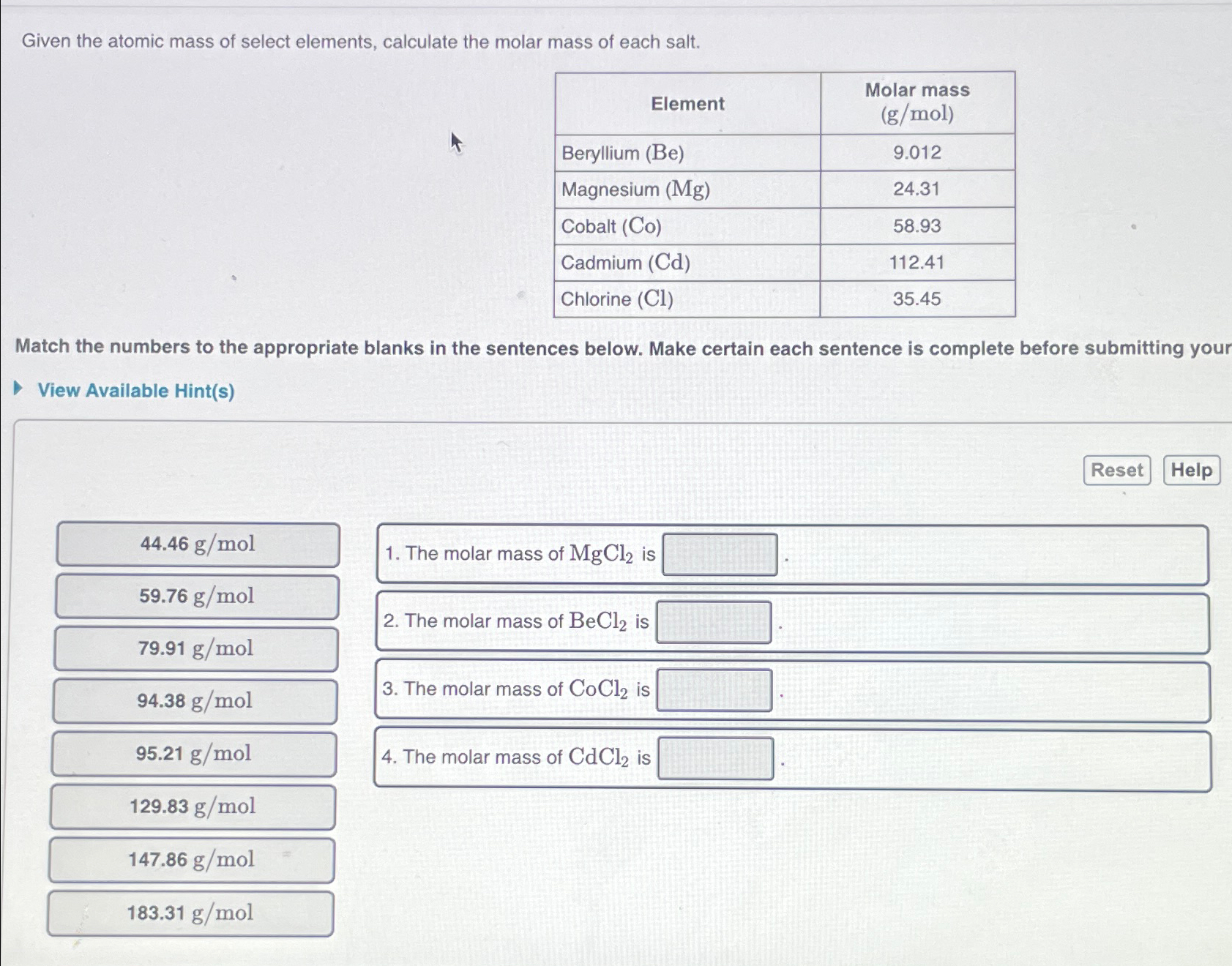 Solved Given the atomic mass of select elements, calculate | Chegg.com
